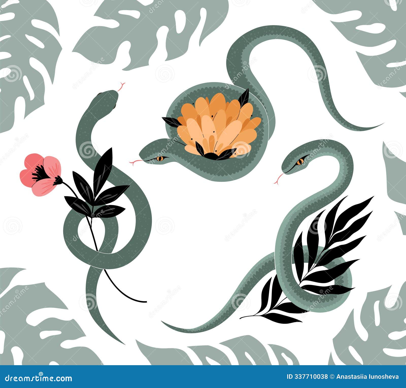 Set of Snakes with Flowers. Hand Drawn Cute Stickers Stock Vector ...