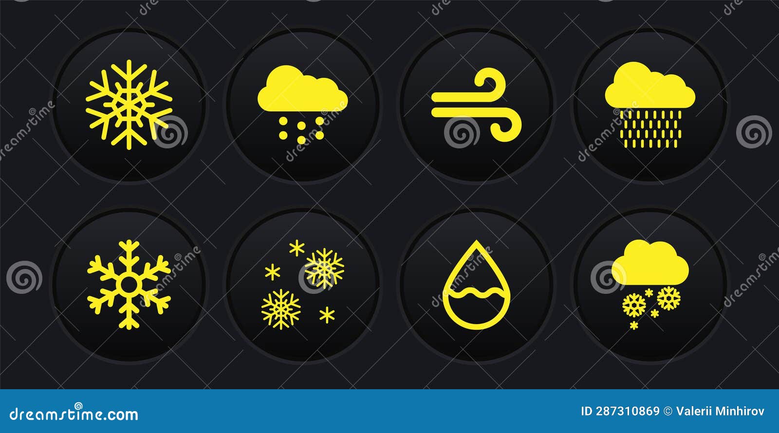Set Snowflake, Cloud with Rain, Water Drop, Wind and Snow Icon. Vector ...