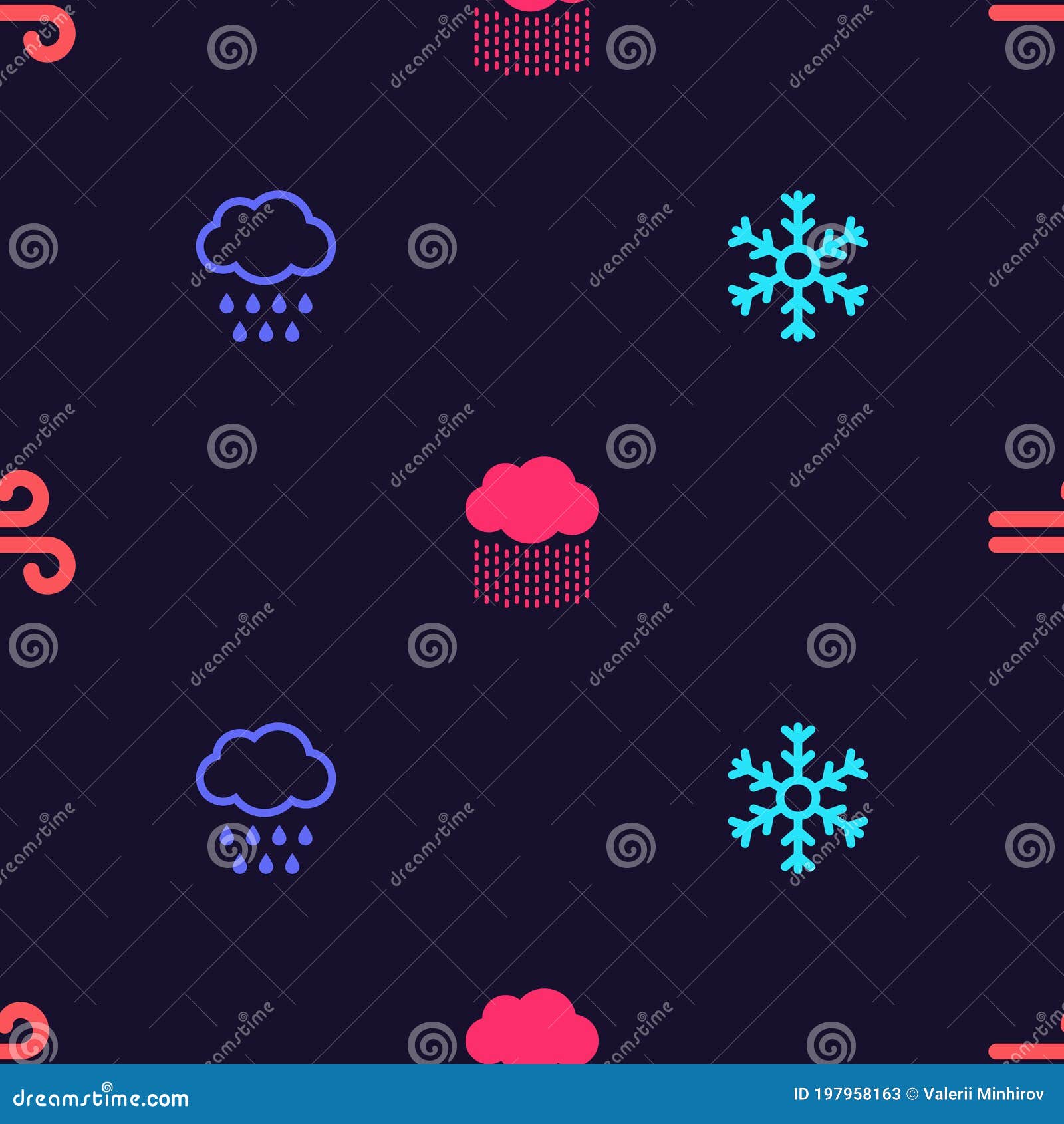 Set Snowflake, Cloud with Rain, and Wind on Seamless Pattern. Vector ...