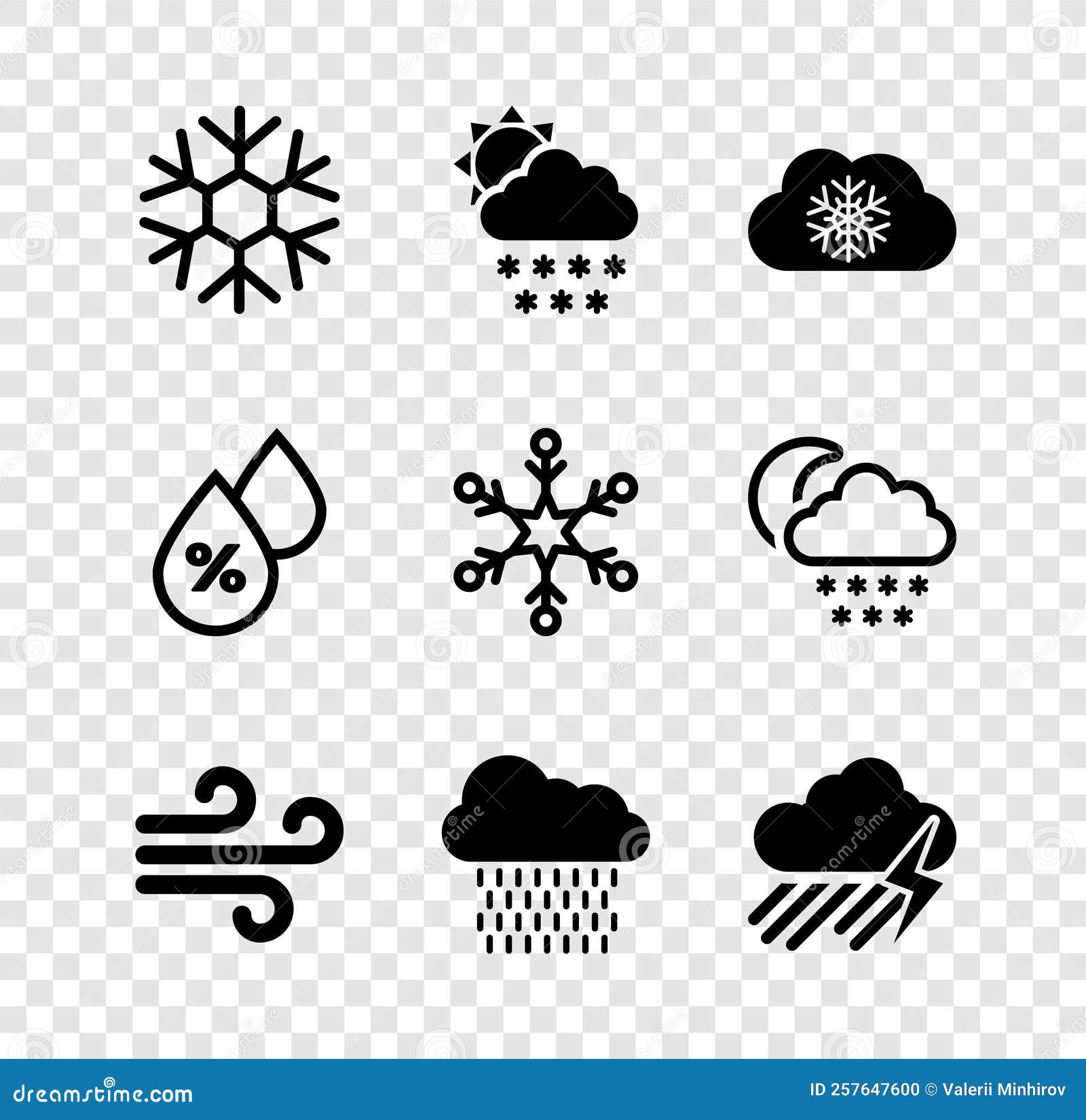Set Snowflake, Cloud with Snow and Sun, Wind, Rain and Lightning Icon ...