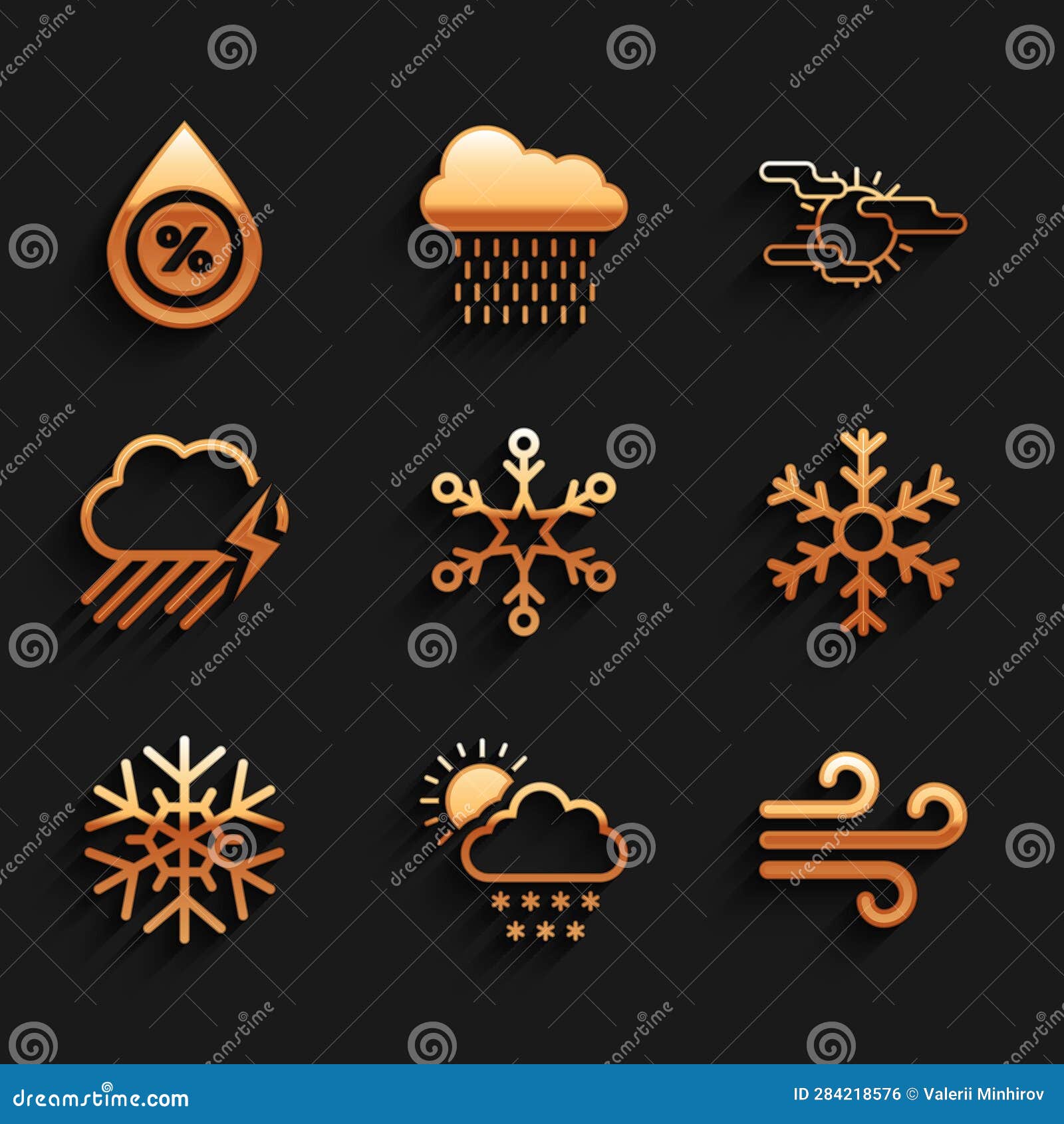 Set Snowflake, Cloud with Snow and Sun, Wind, and Rain Lightning Icon ...