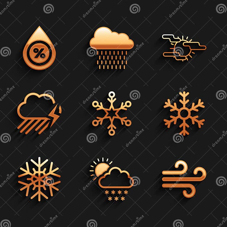 Set Snowflake, Cloud with Snow and Sun, Wind, and Rain Lightning Icon ...