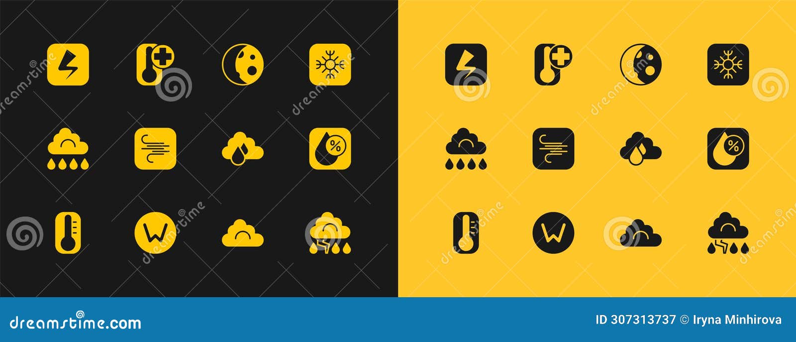 Set Snowflake, Compass North, Cloud with Rain, Wind, Moon Phases ...