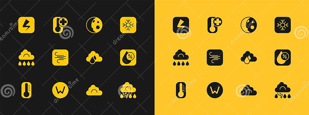 Set Snowflake, Compass North, Cloud with Rain, Wind, Moon Phases ...