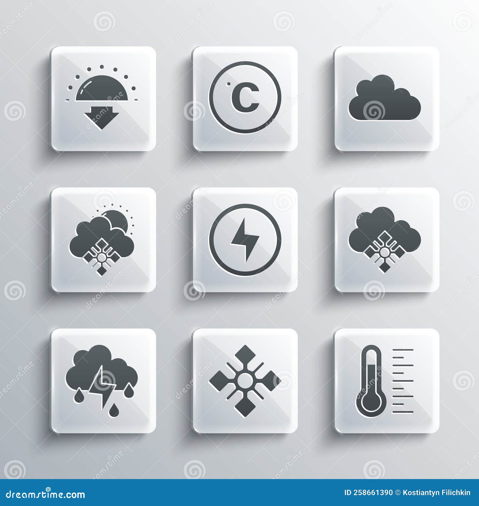 Set Snowflake, Meteorology Thermometer, Cloud with Snow, Lightning Bolt ...
