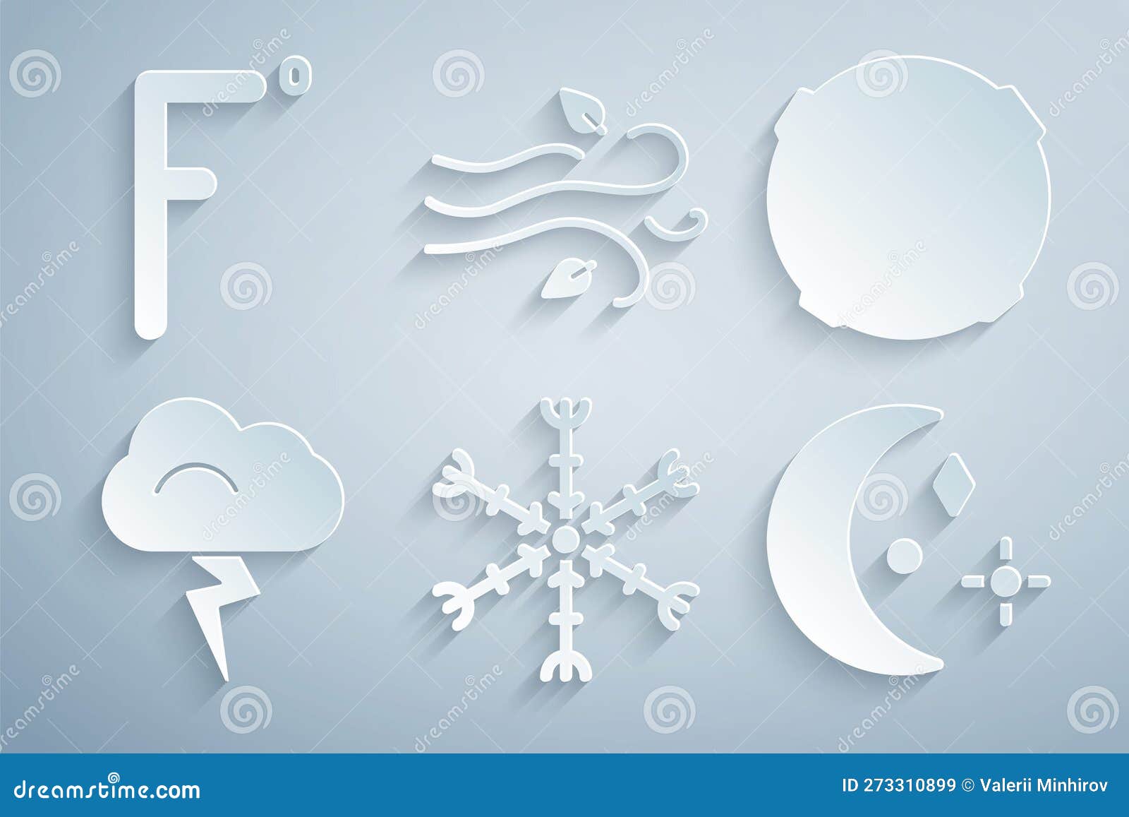 Set Snowflake, Moon, Storm, and Stars, Wind and Fahrenheit Icon. Vector ...