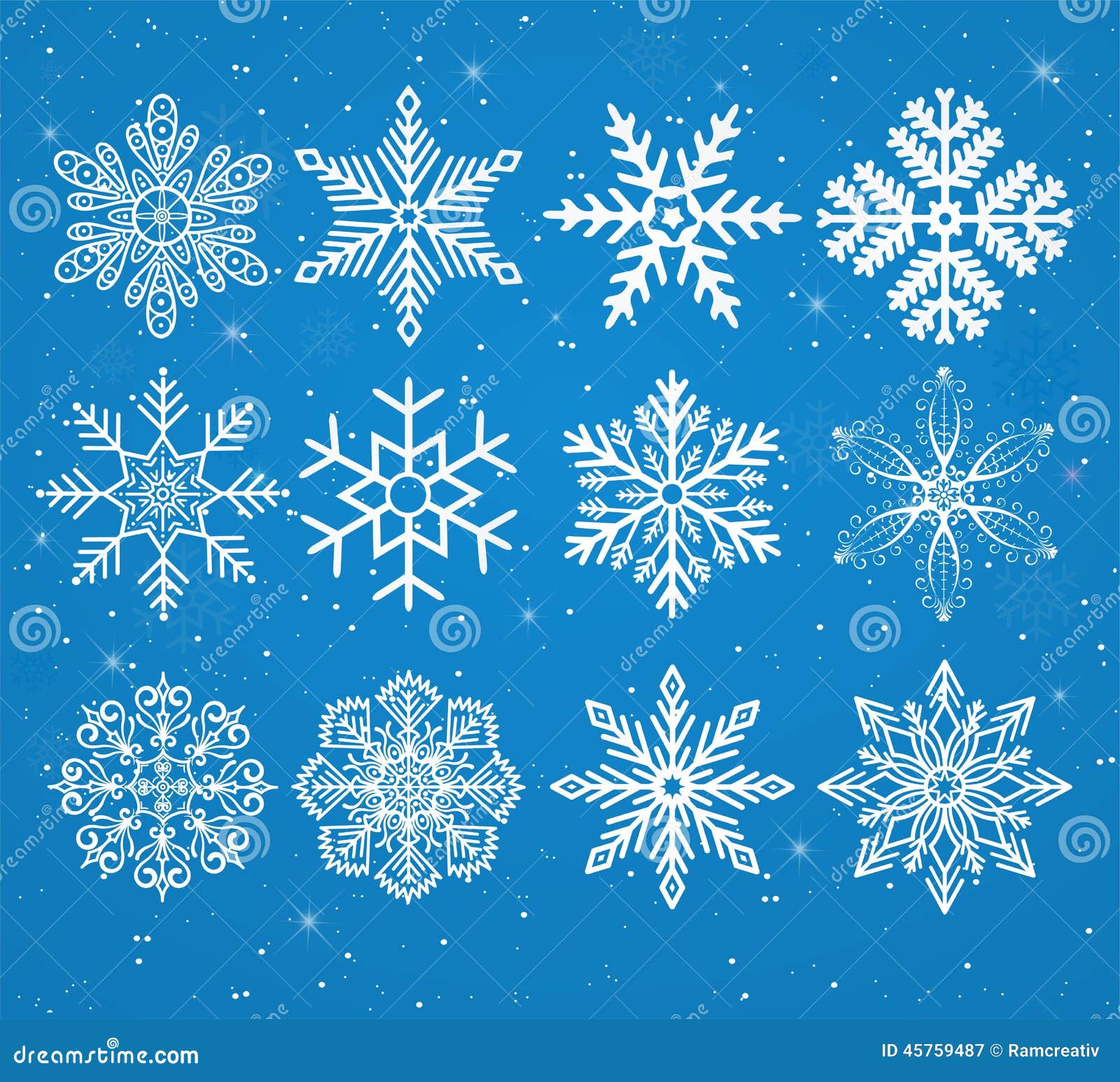 Set of Snowflakes on a Snowy Background with Stars Stock Vector ...