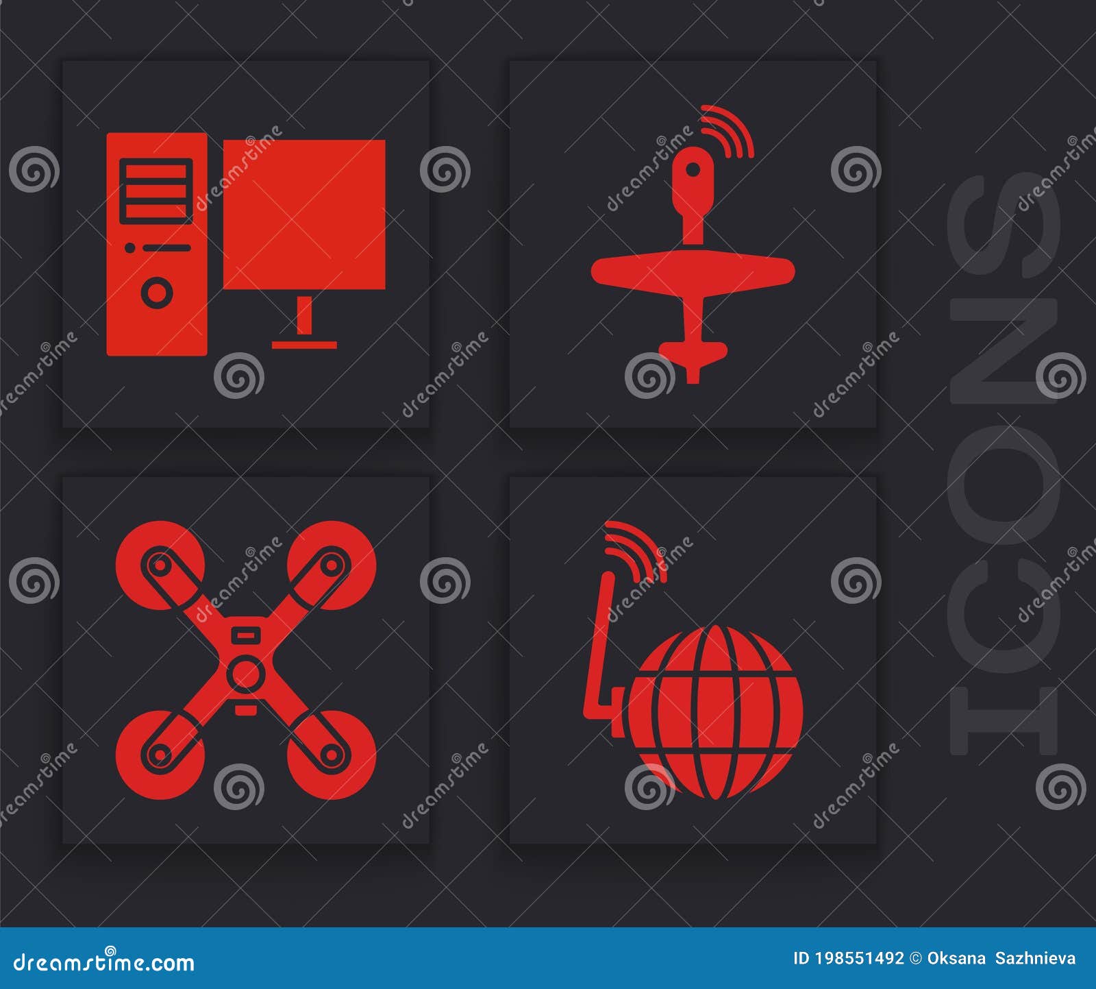 Set Social Network, Computer Monitor, UAV Drone and Drone Flying Icon ...