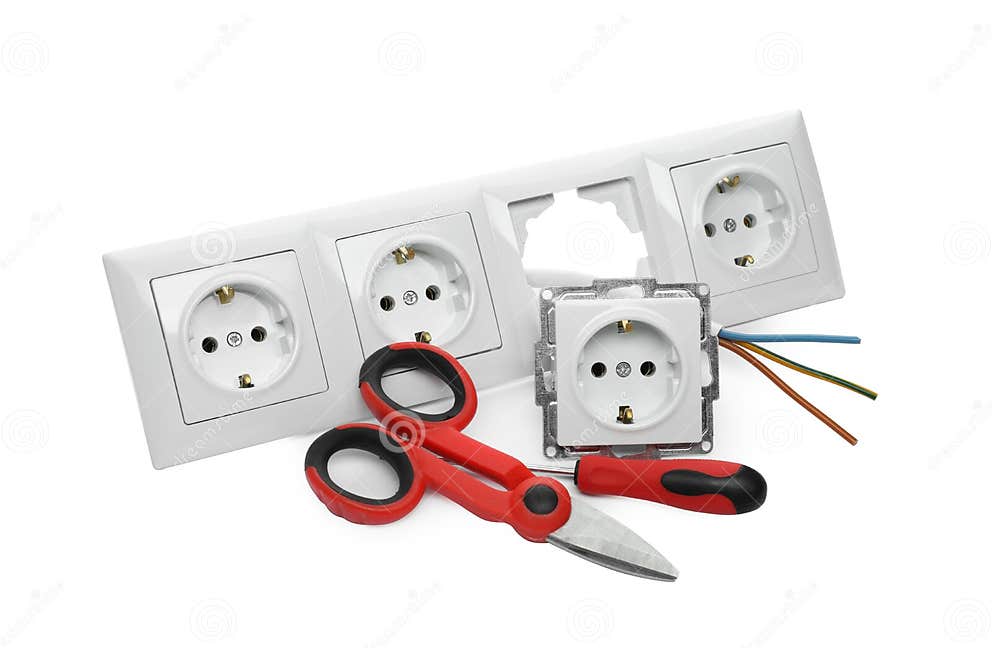 Set of Sockets and Electrician`s Tools Isolated on White Stock Image ...