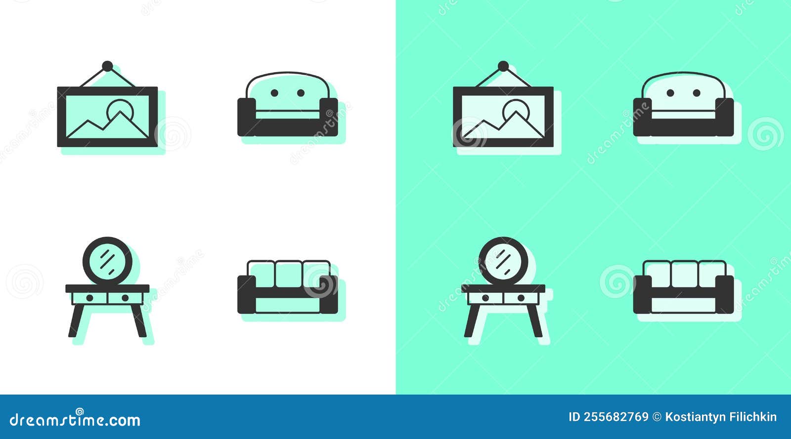 Set Sofa, Picture, Dressing Table and Armchair Icon. Vector Stock ...