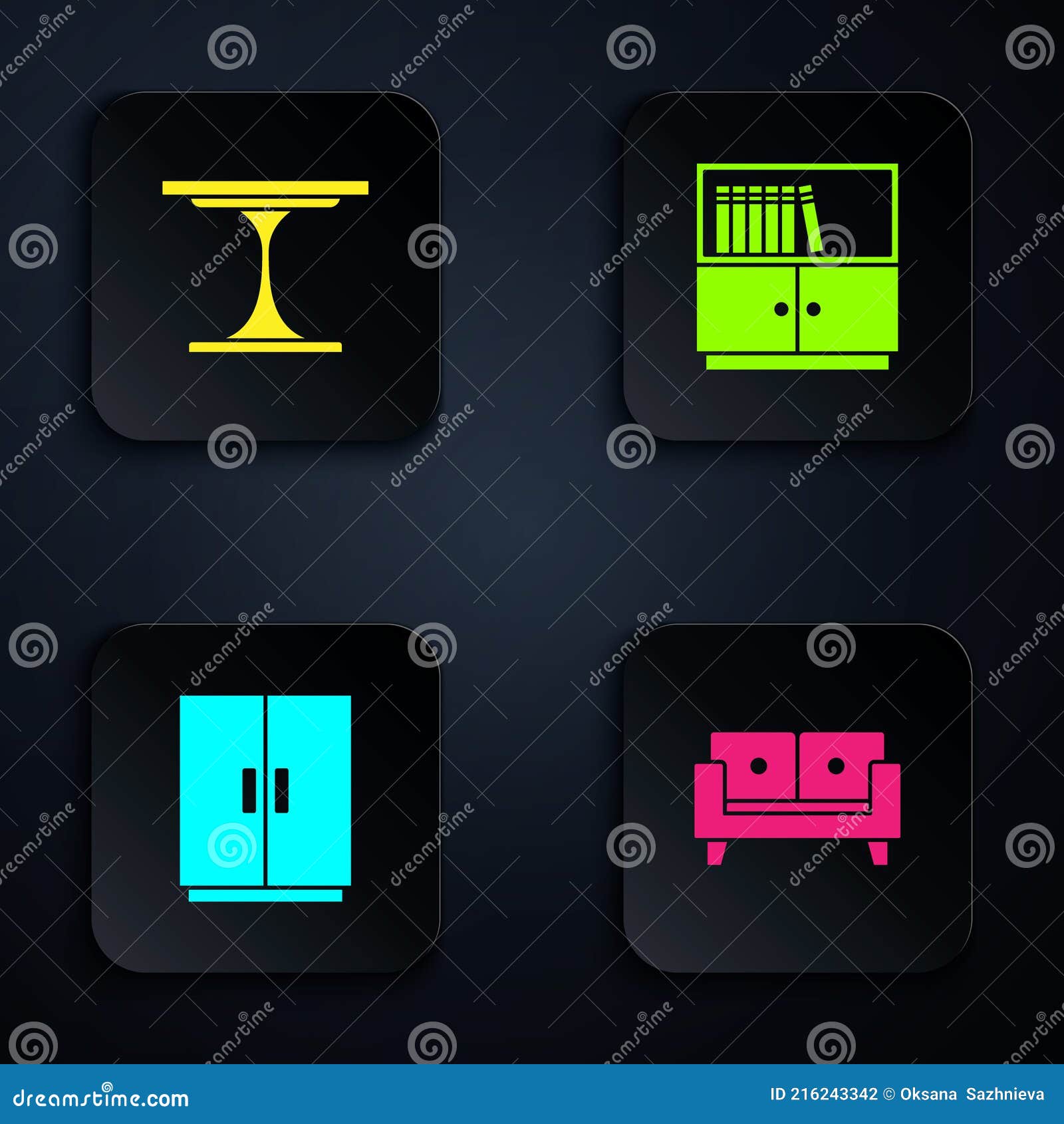 Set Sofa, Round Table, Wardrobe and Library Bookshelf. Black Square ...