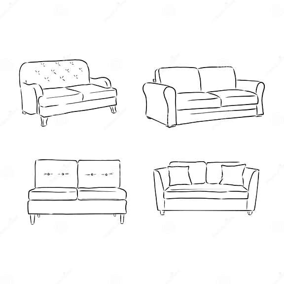 Set of Sofas Drawings Sketch Style, Vector Illustration. Sofa Vector ...
