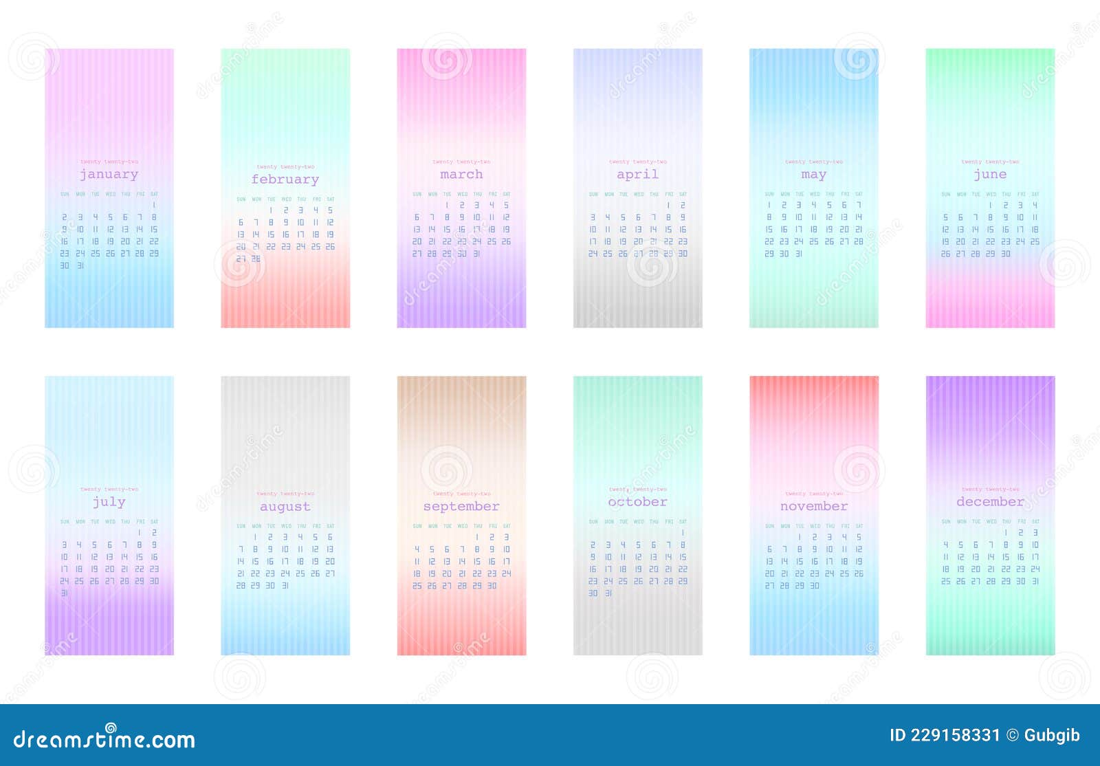 Set of Soft Color Gradient Background with 2022 Calendar Stock Vector ...