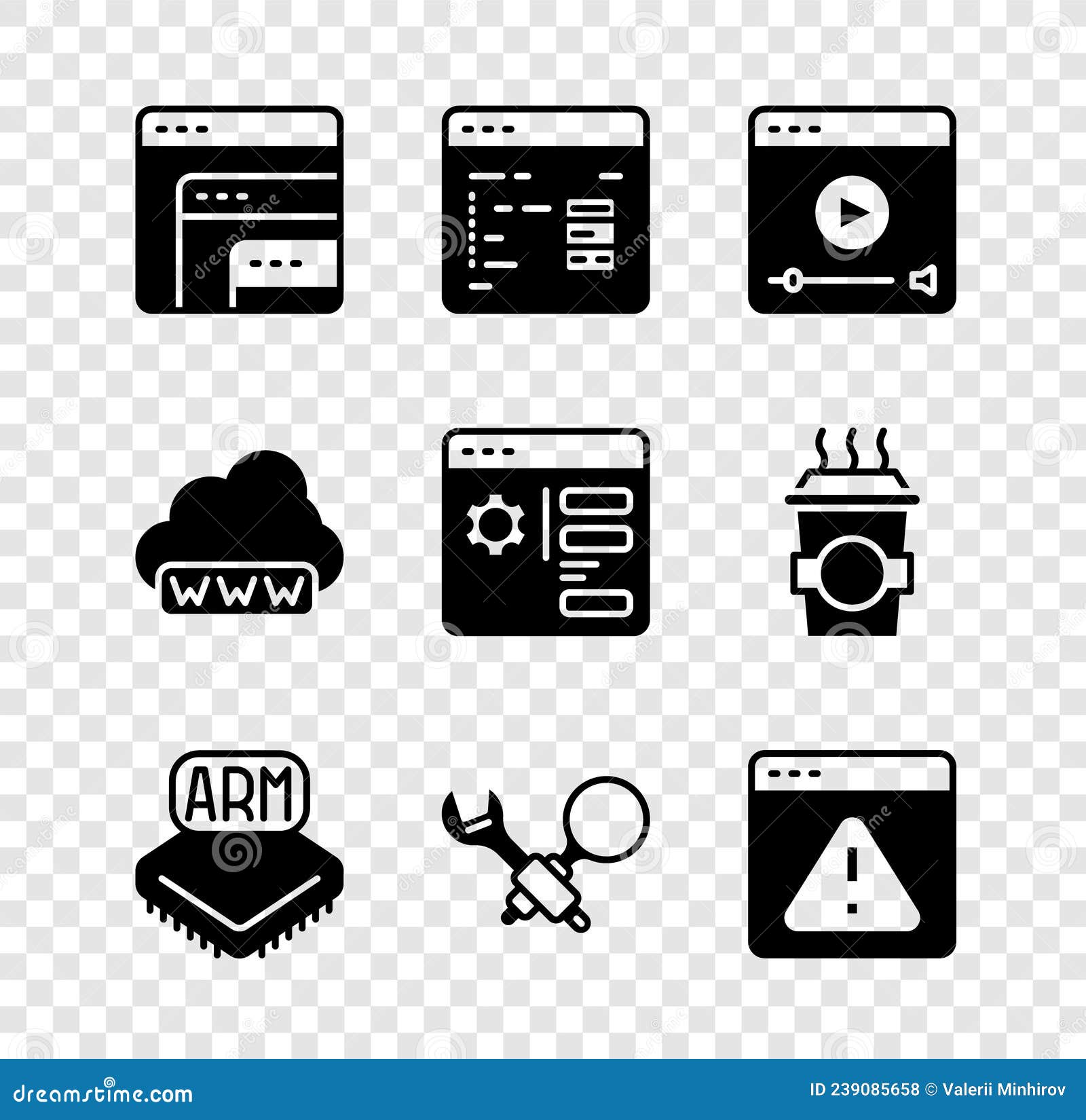 Set Software, Online Play Video, Processor, Debugging, Browser with Exclamation Mark, Web ...