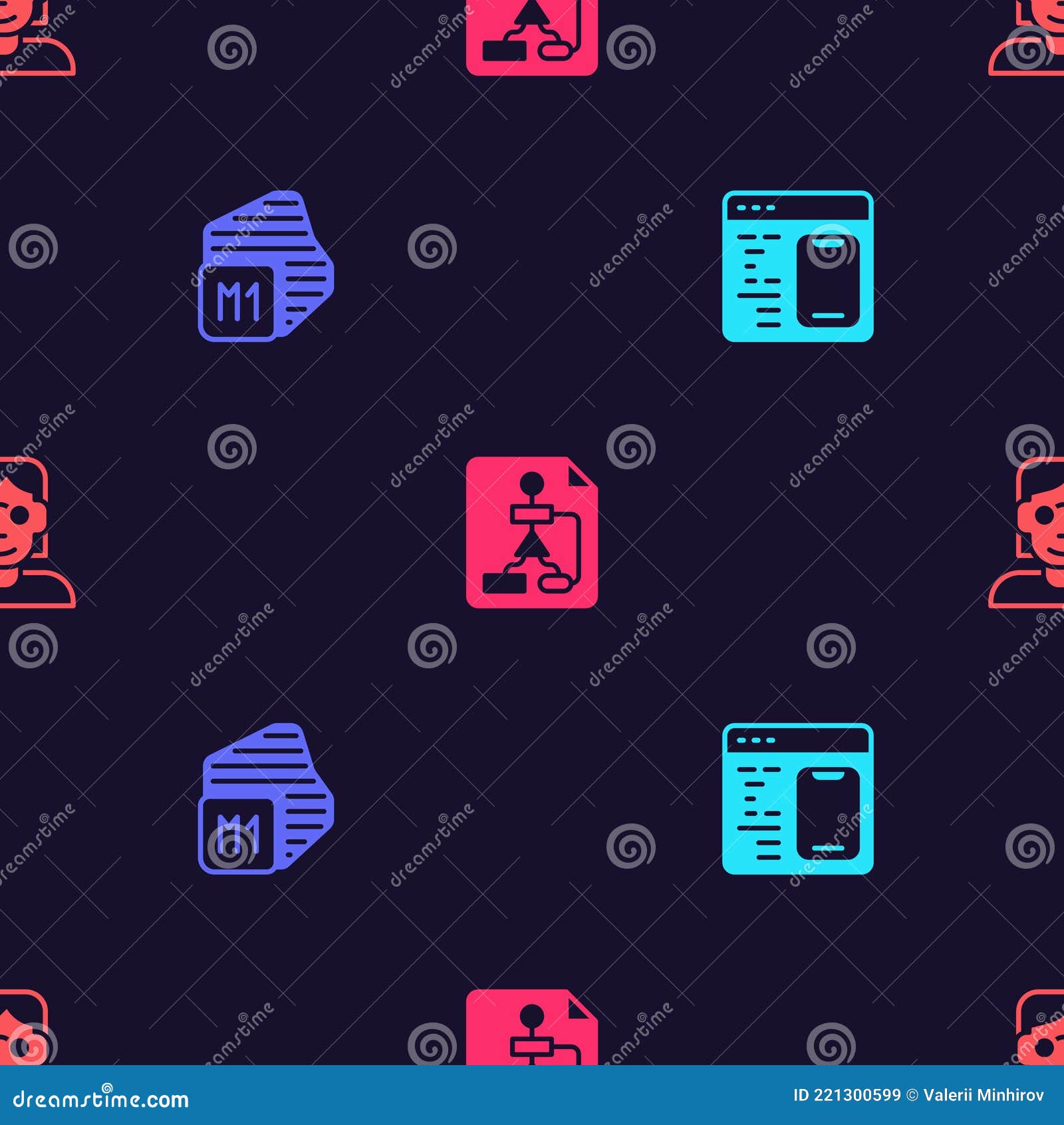 Set Software Processor Flowchart And Hacker Coder On Seamless Pattern Vector Stock Vector