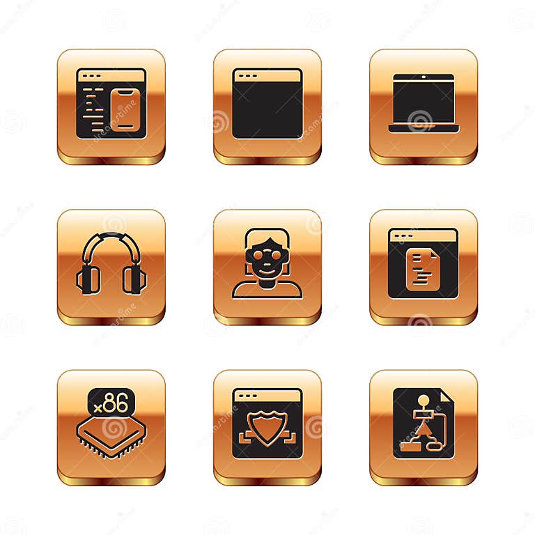 Set Software, Processor with Microcircuits CPU, Browser Shield, Hacker Coder, Headphones, Laptop ...