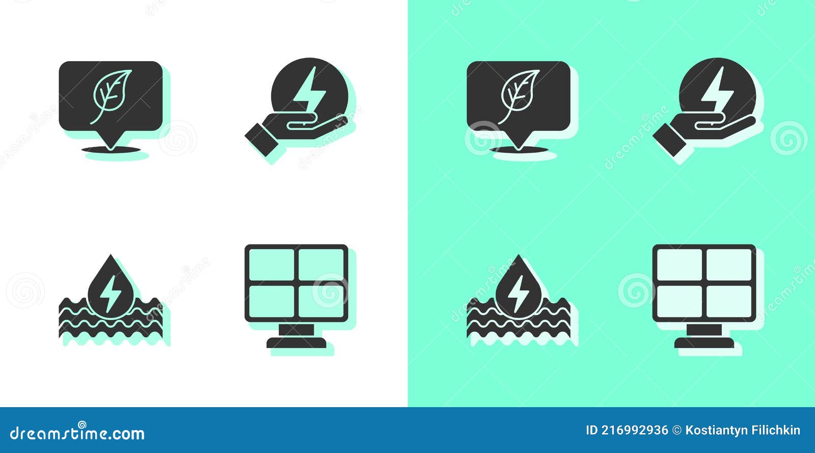 Set Solar Energy Panel, Location With Leaf, Water And Lightning Bolt ...