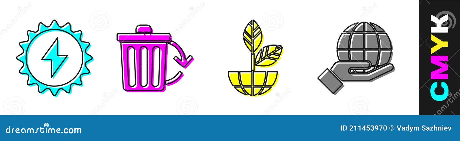 Set Solar Energy Panel, Recycle Bin with Recycle, Earth Globe and Plant ...