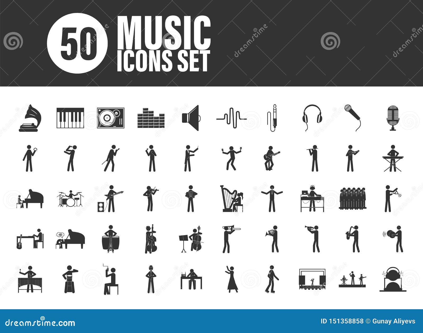 Set of 50 Solid Music Icons on White Background Stock Illustration ...