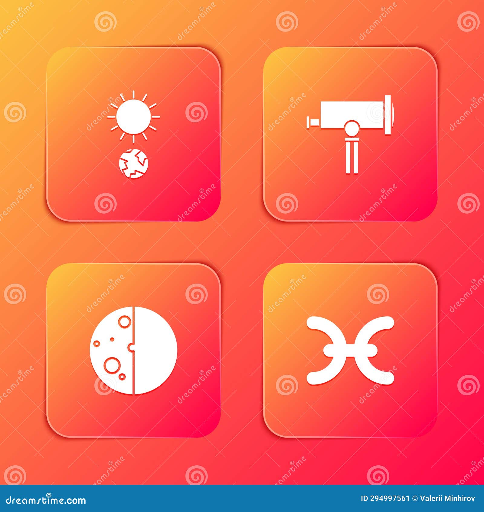 Set Solstice, Telescope, Eclipse of the Sun and Pisces Zodiac Icon ...