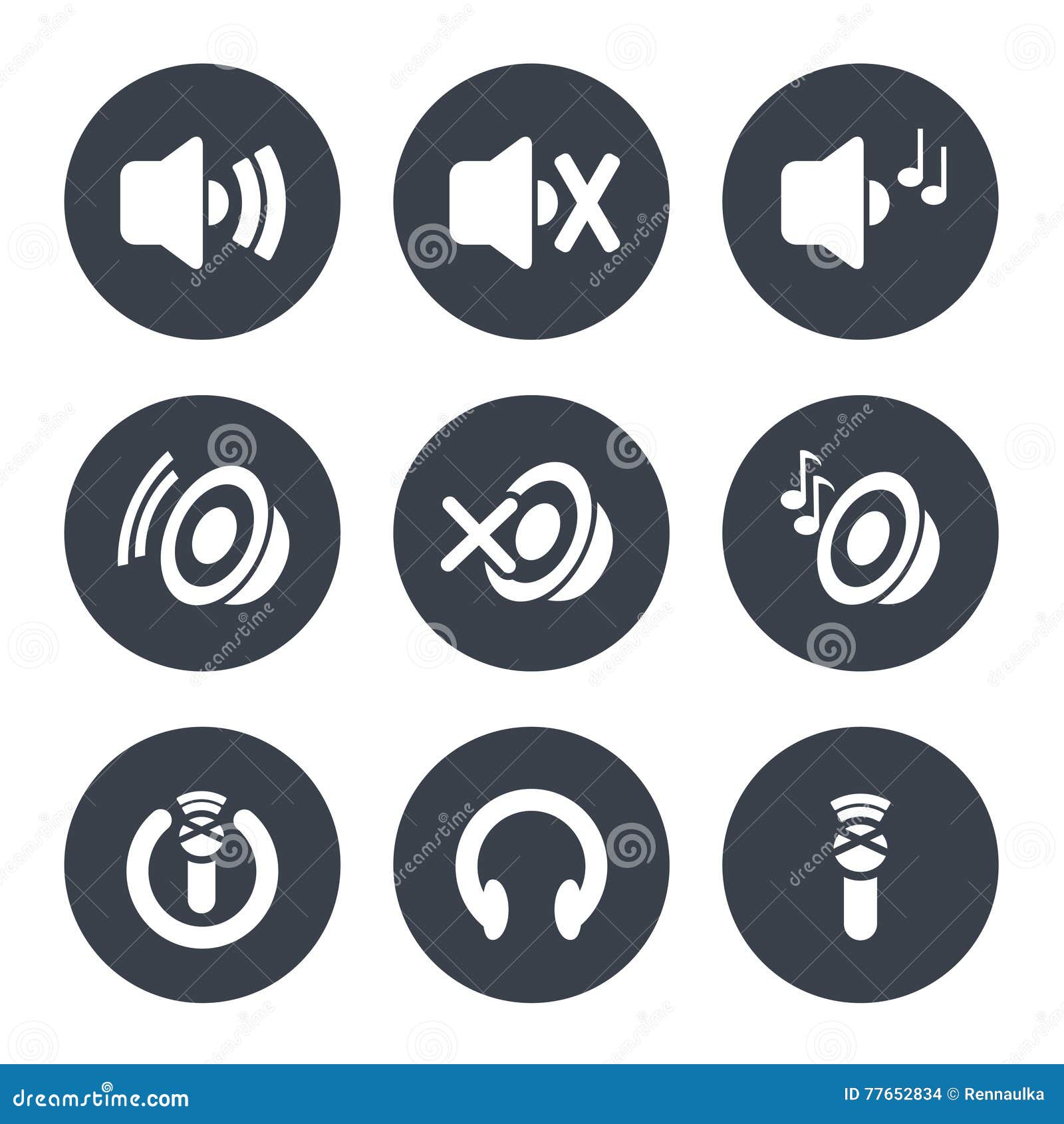 Set of Sound Icon - Speaker with Volume Indicator and Music, Microphone ...