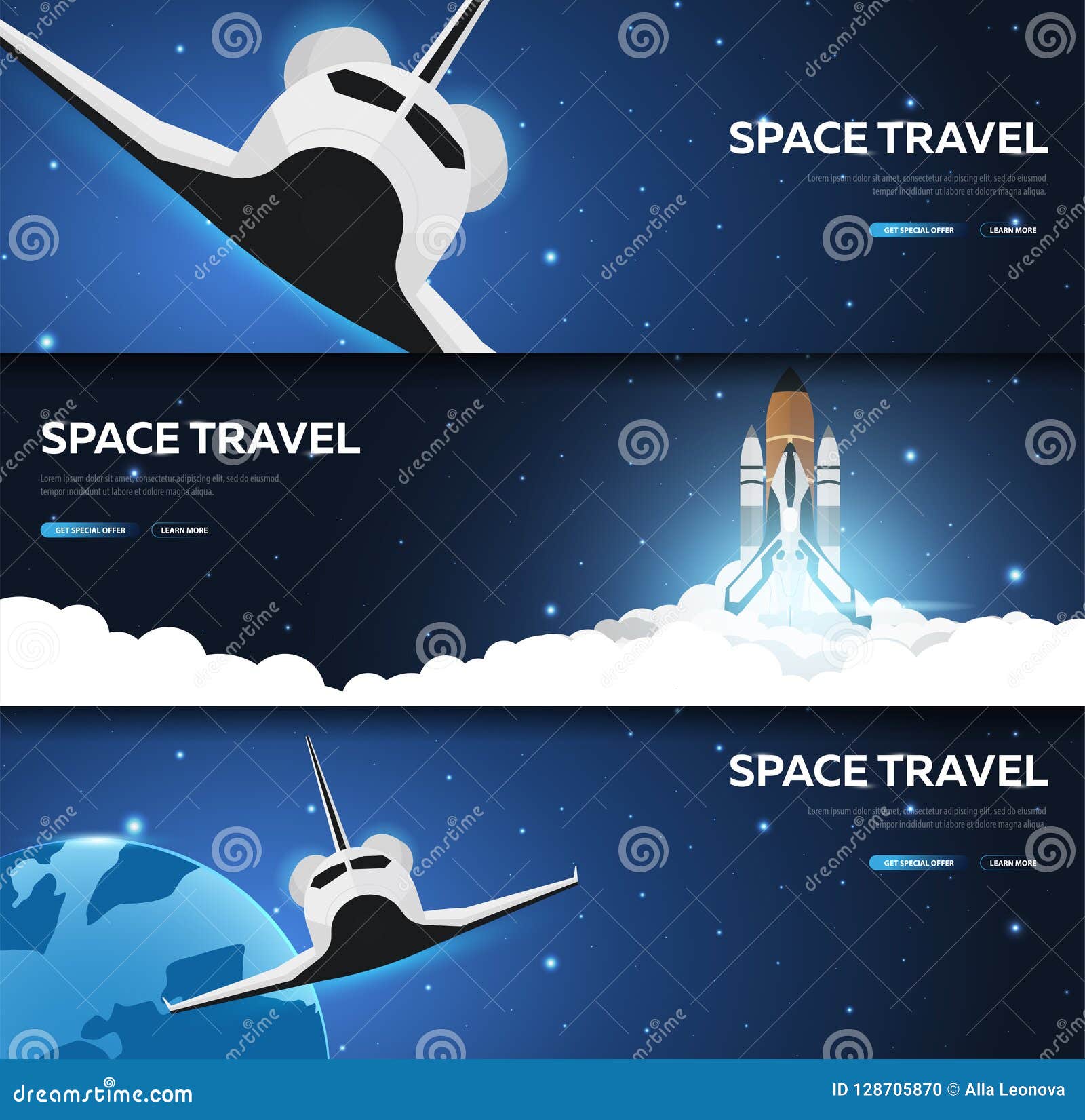 Set of Space Banners. Space Shuttle. Mars, Earth, Exoplanet ...