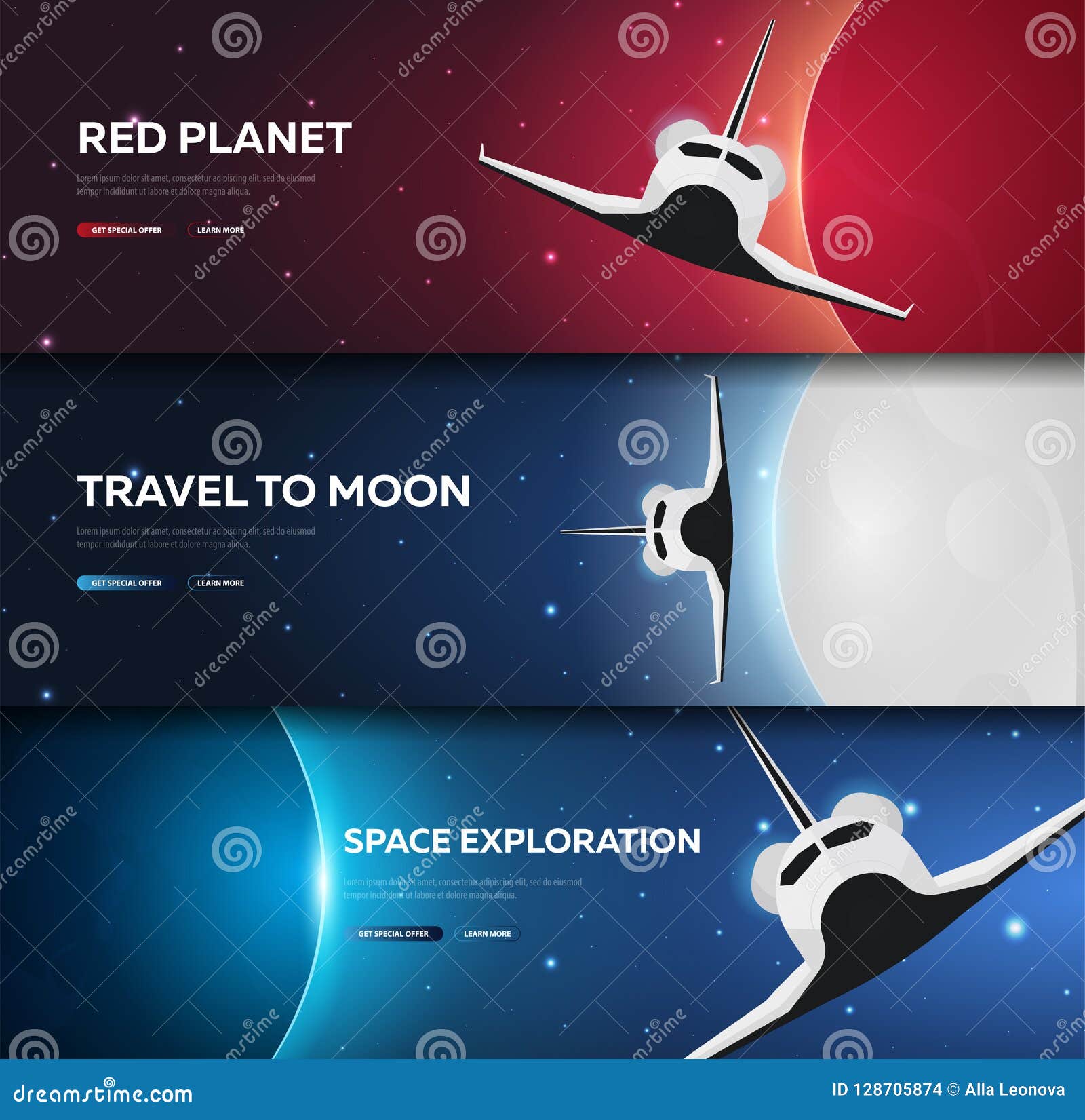 Set of Space Banners. Space Shuttle. Mars, Earth, Exoplanet ...