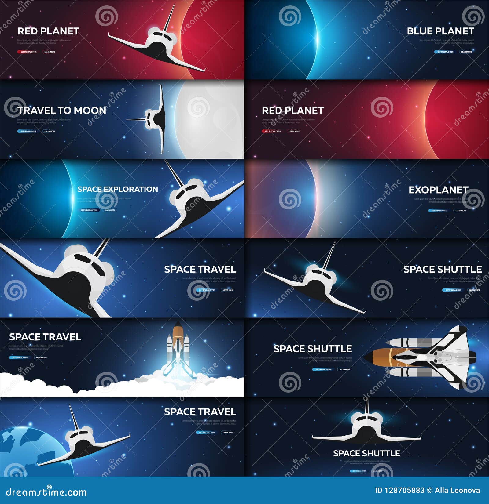 Set of Space Banners. Space Shuttle. Mars, Earth, Exoplanet ...