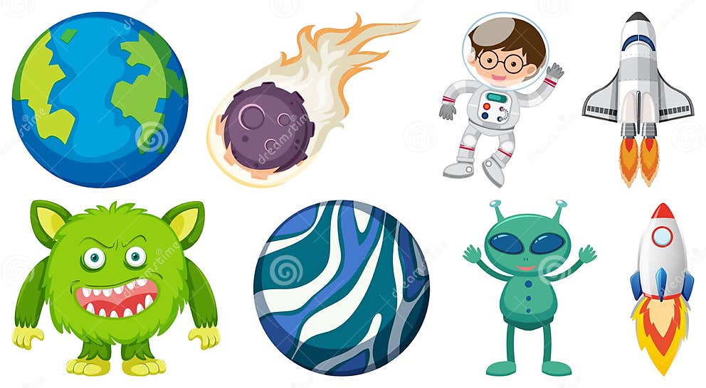 Set of Space Cartoon Characters and Objects Stock Vector - Illustration ...