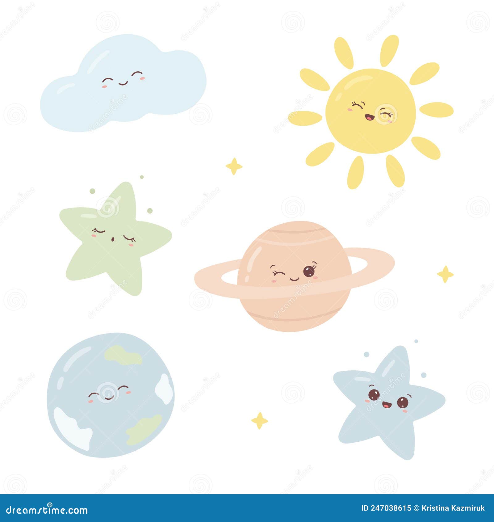 Set of Space and Celestial Elements with Cute Faces. Stock Vector ...