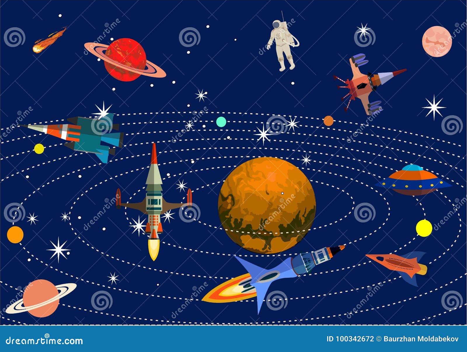 Set of Space and Cosmic Objects, Galaxy and Planets Stock Vector ...