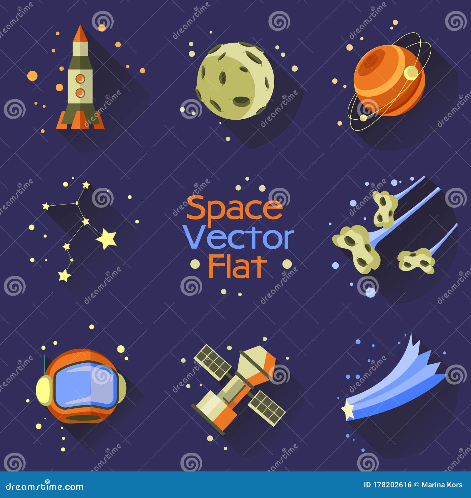 Set of Space Objects in a Flat Design on a Blue Background. Vector ...