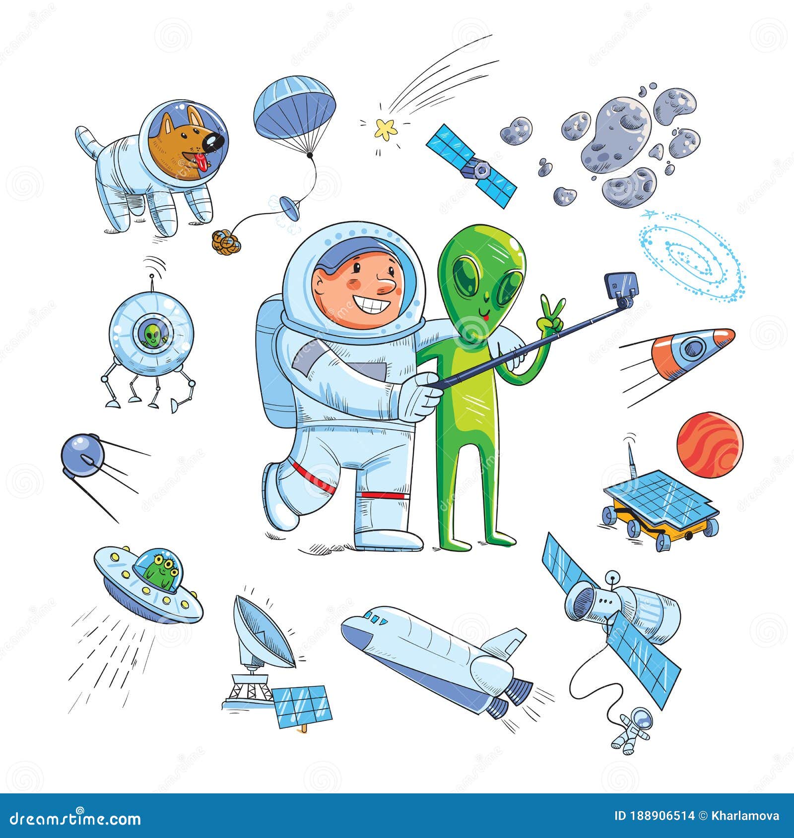 Space Objects Above The Moon. Flying Spaceship, Saturn And A Flying ...