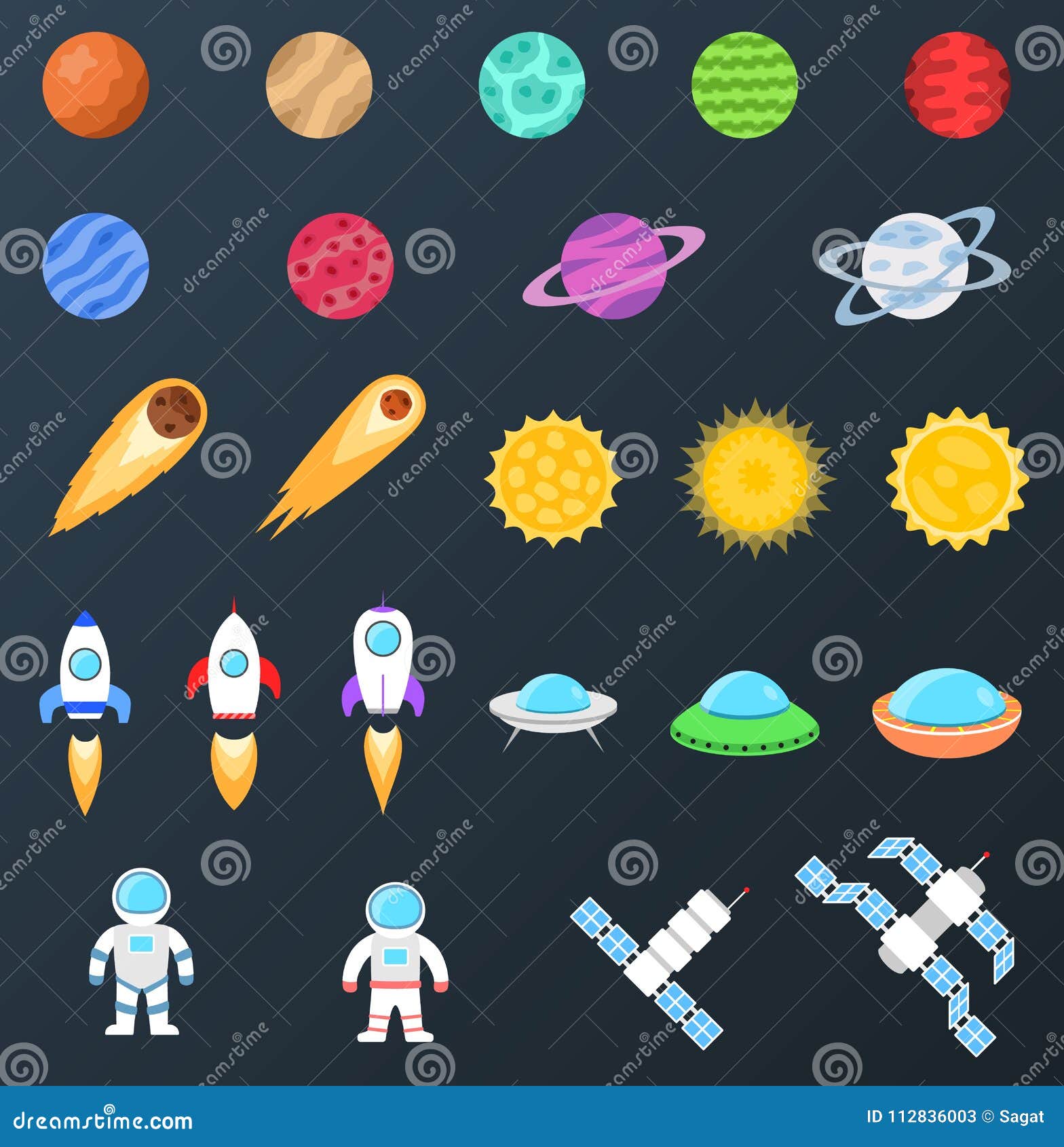 Set of Space Objects. Planets, Stars, Comet, Spaceship, Ufo, Cosmic ...