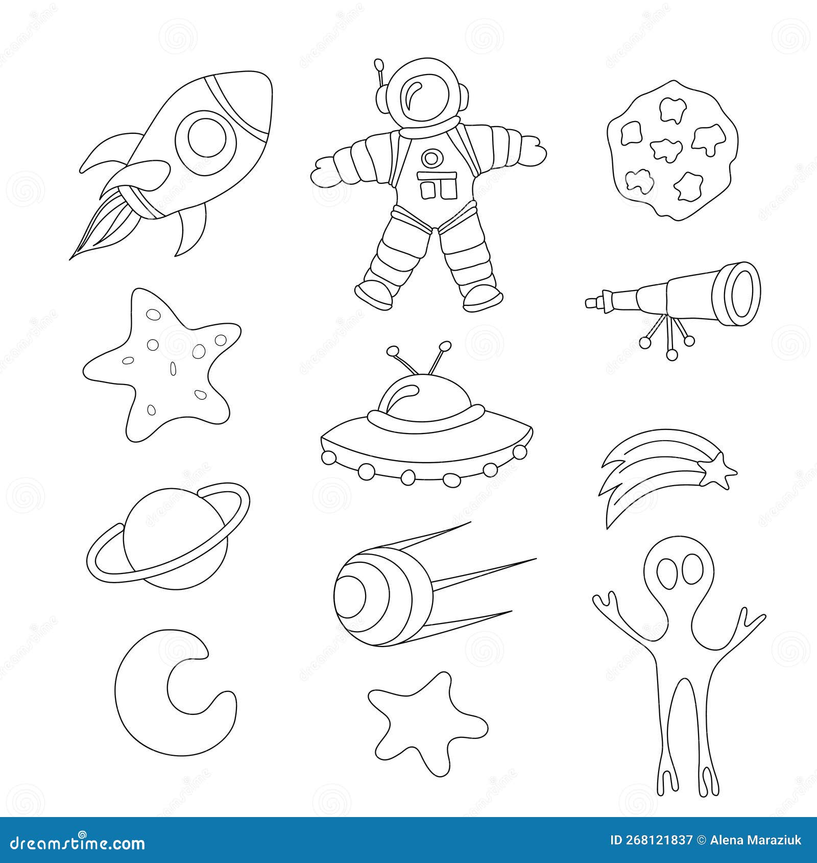 Set of Space Objects and Symbols. Space Object Coloring Book Isolated ...