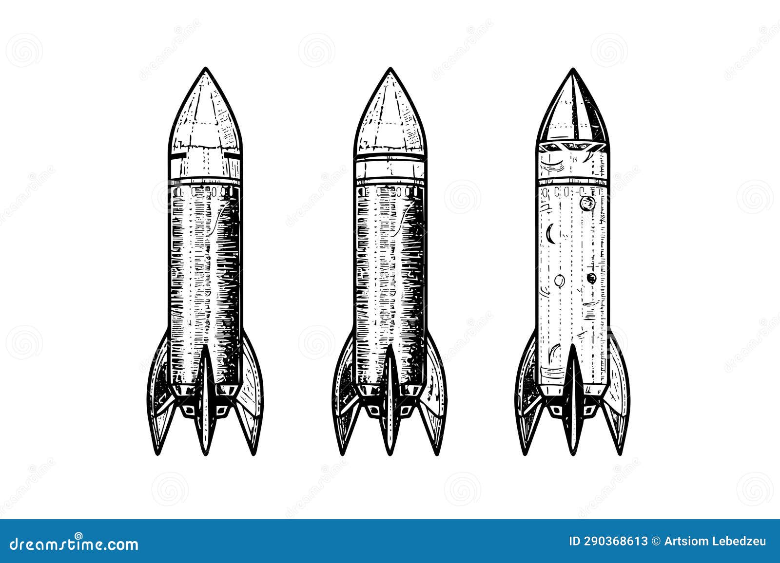 Set of Space Rocket Sketch Engraving Style Vector Illustration. Stock ...