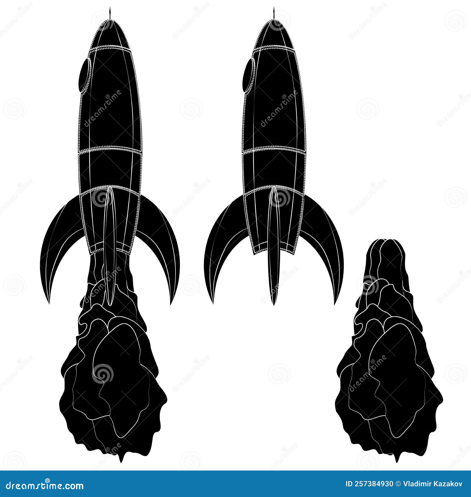 Set of Spaceship Black Silhouette with Smoke Isolated. Space Rocket ...