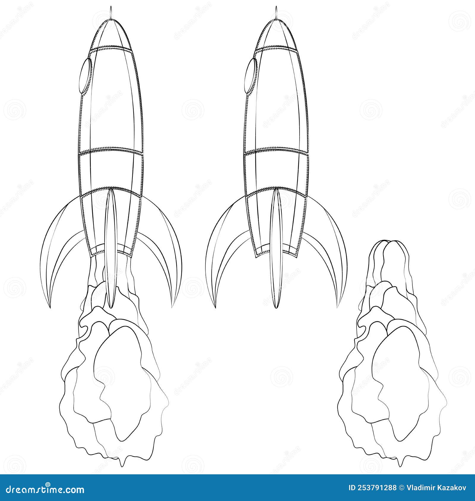 Set of Spaceship Outline with Smoke Isolated. Contour Space Rocket ...