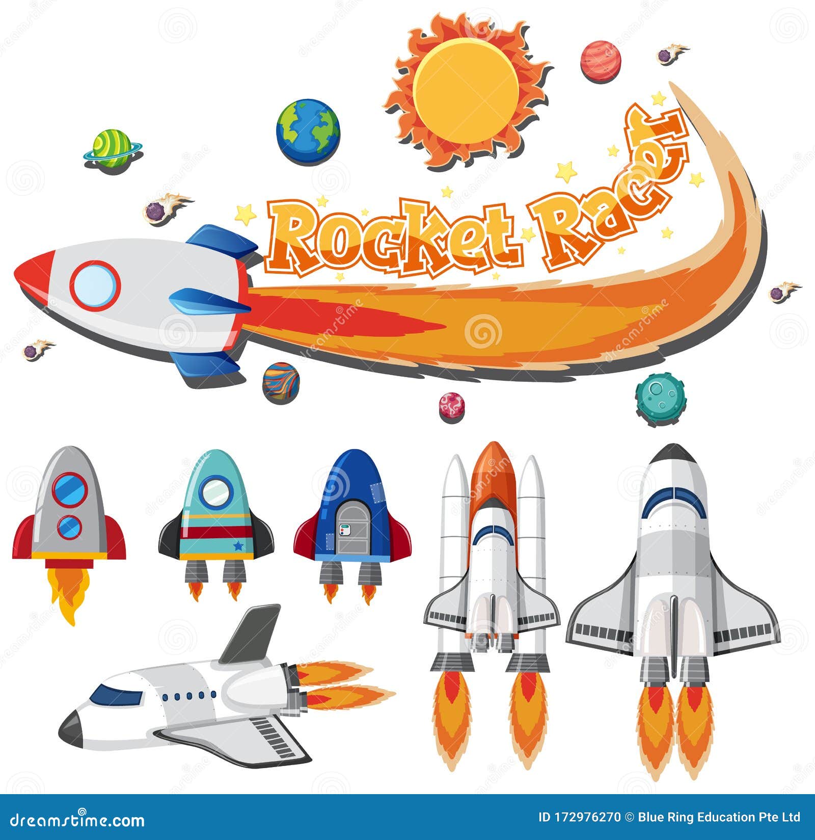 Set of Spaceship and Rocket Racer on White Background Stock Vector ...