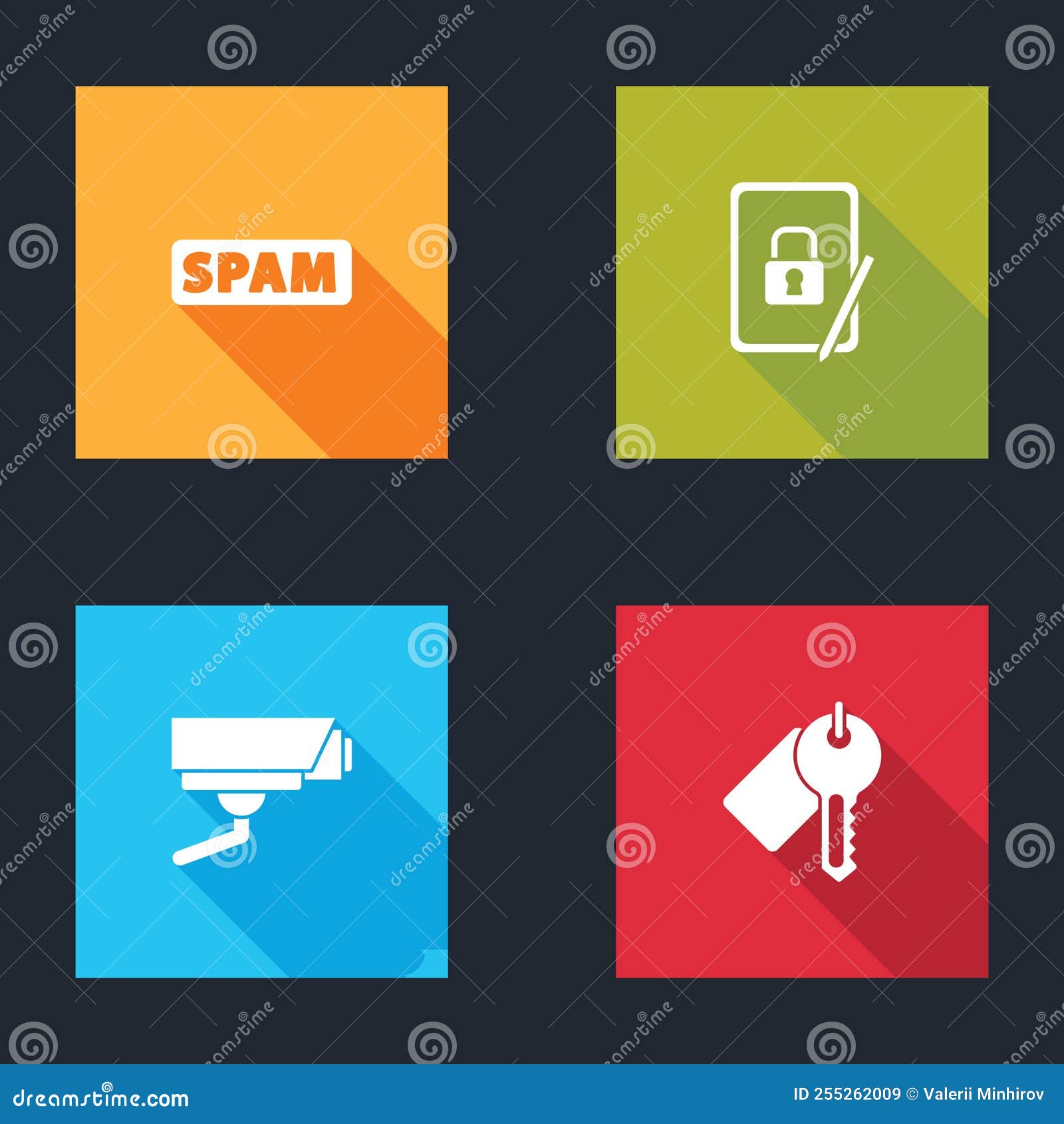 Set Spam, Tablet with Closed Padlock, Security Camera and Marked Key ...