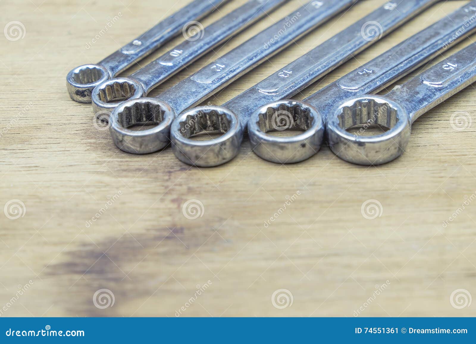 Set of Spanner in Variable Size in Wooden Background Stock Image ...