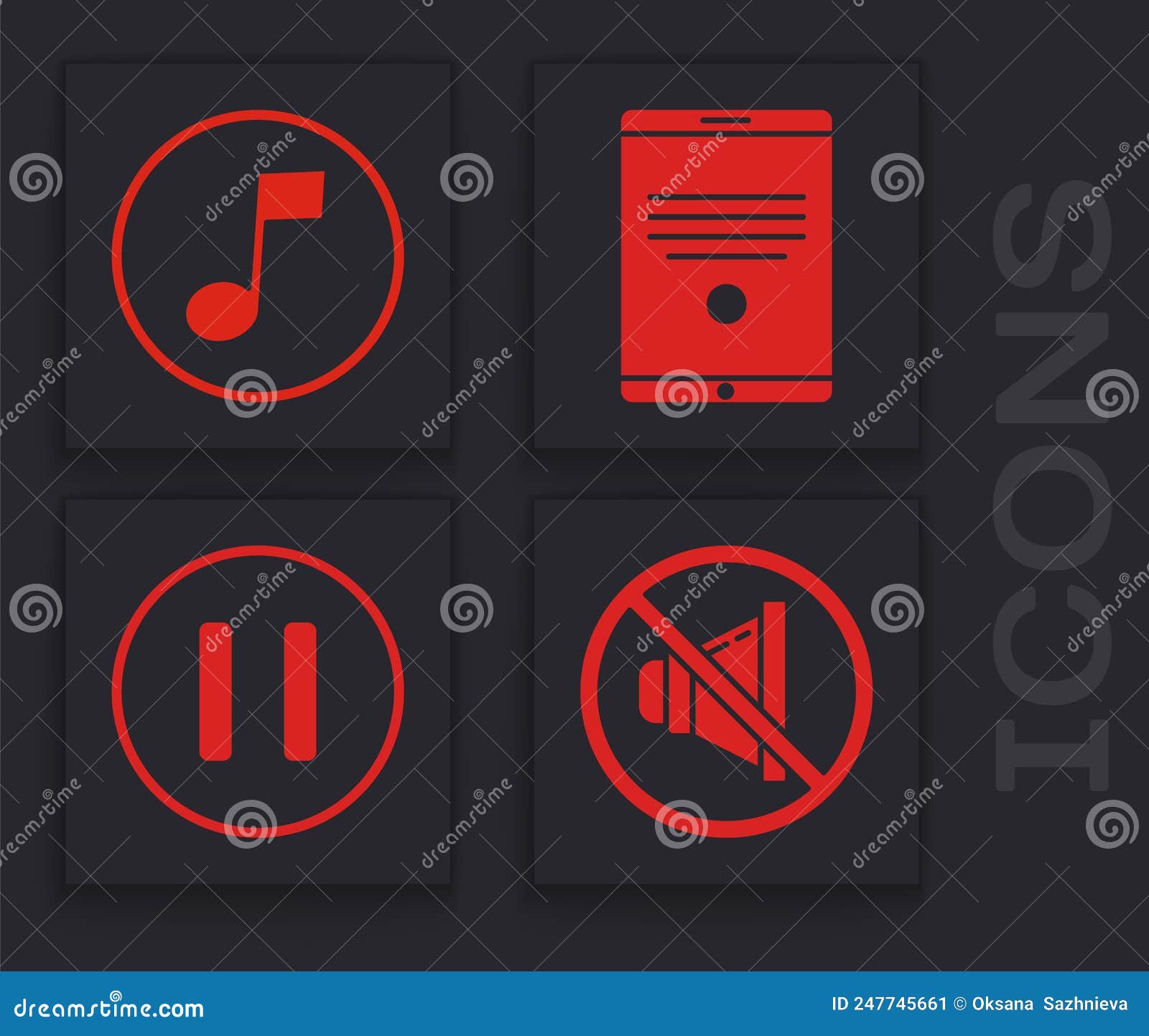Set Speaker Mute, Music Note, Tone, Tablet and Pause Button Icon ...