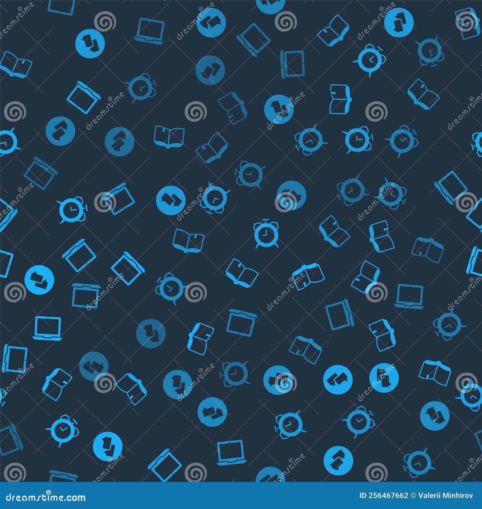 Set Speech Bubble Chat, Open Book, Alarm Clock and Laptop on Seamless ...