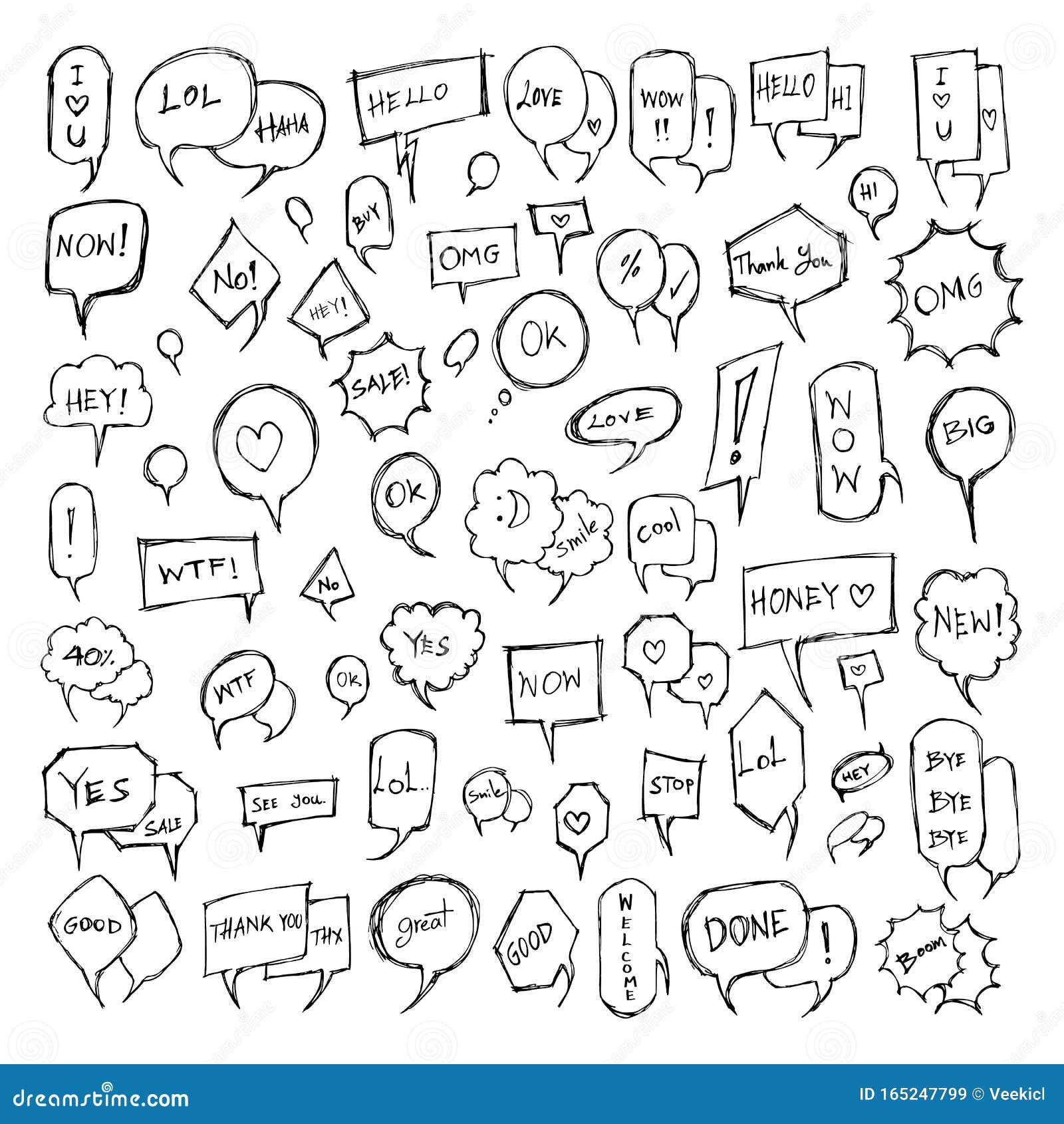 Set of Speech Bubble Drawing Illustration Hand Drawn Doodle Sketch Line ...