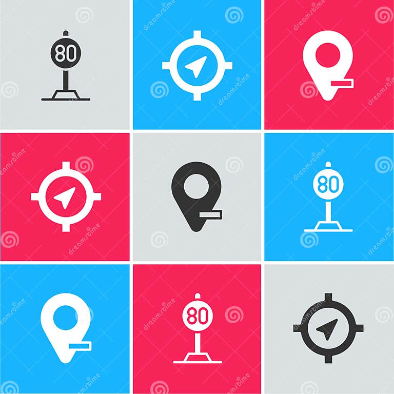 Set Speed Limit Traffic, Compass and Location Icon. Vector Stock ...