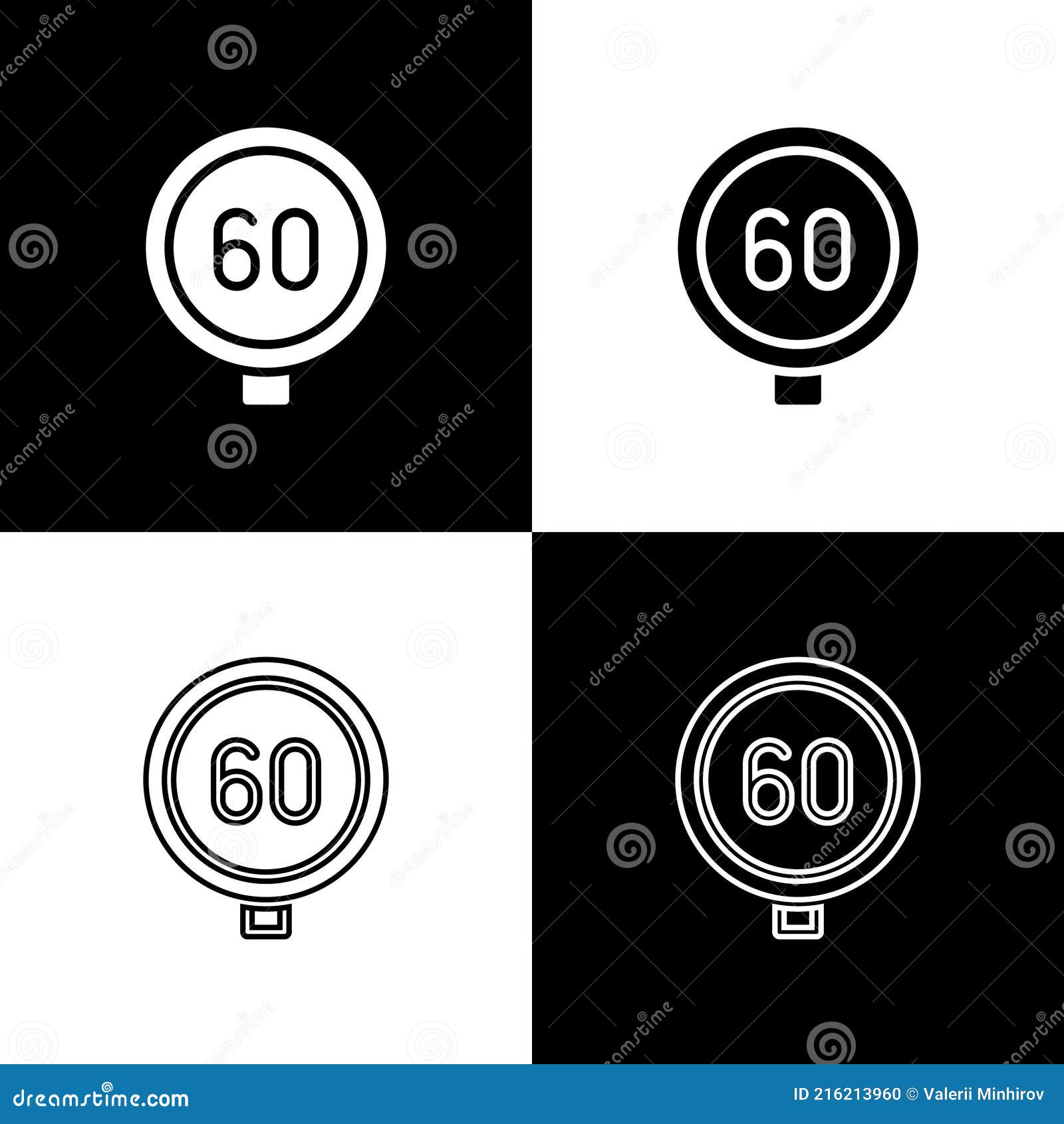 Set Speed Limit Traffic Sign 60 Km Icon Isolated on Black and White ...