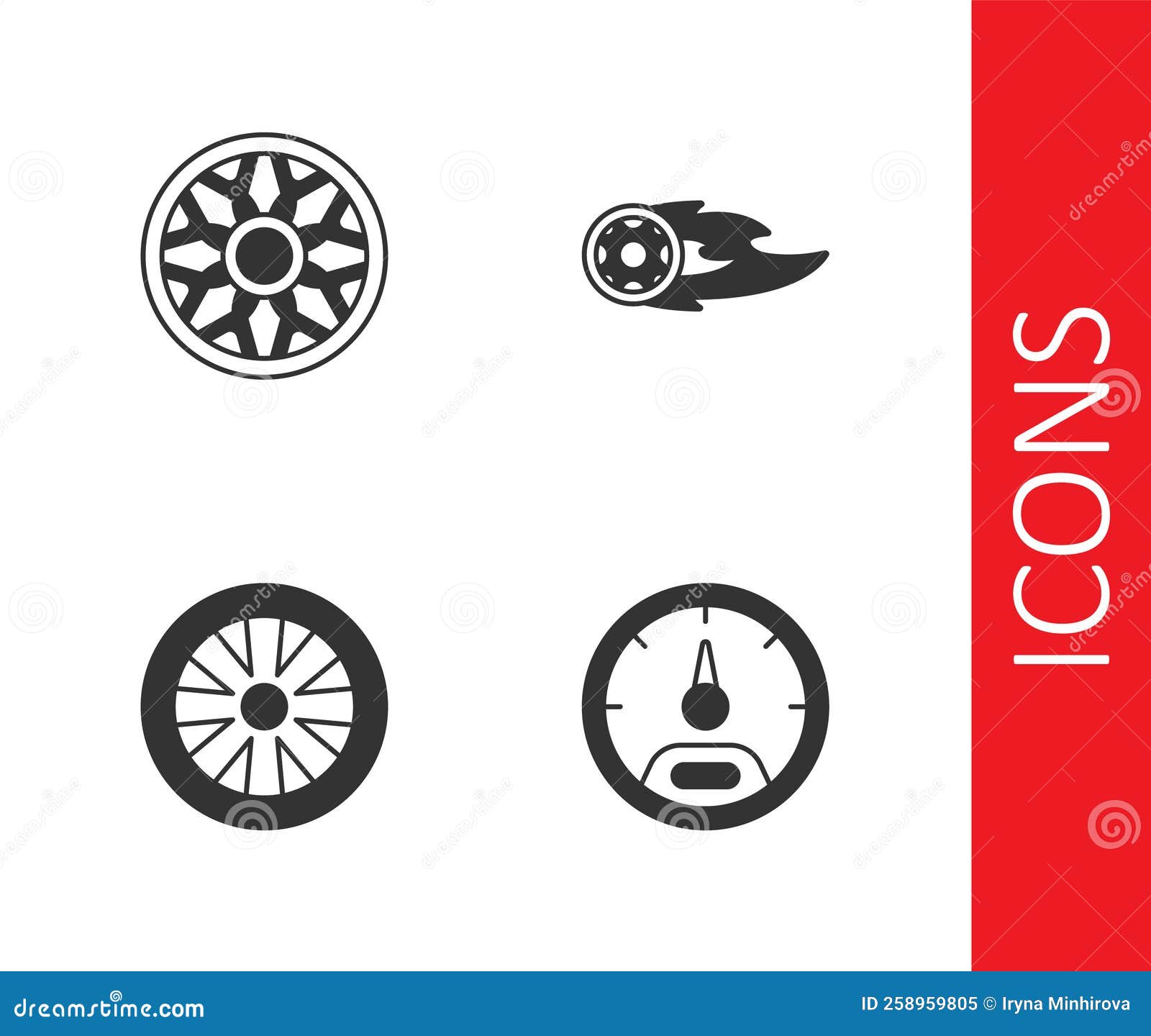 Set Speedometer, Alloy Wheel for Car, and Wheel in Fire Flame Icon ...