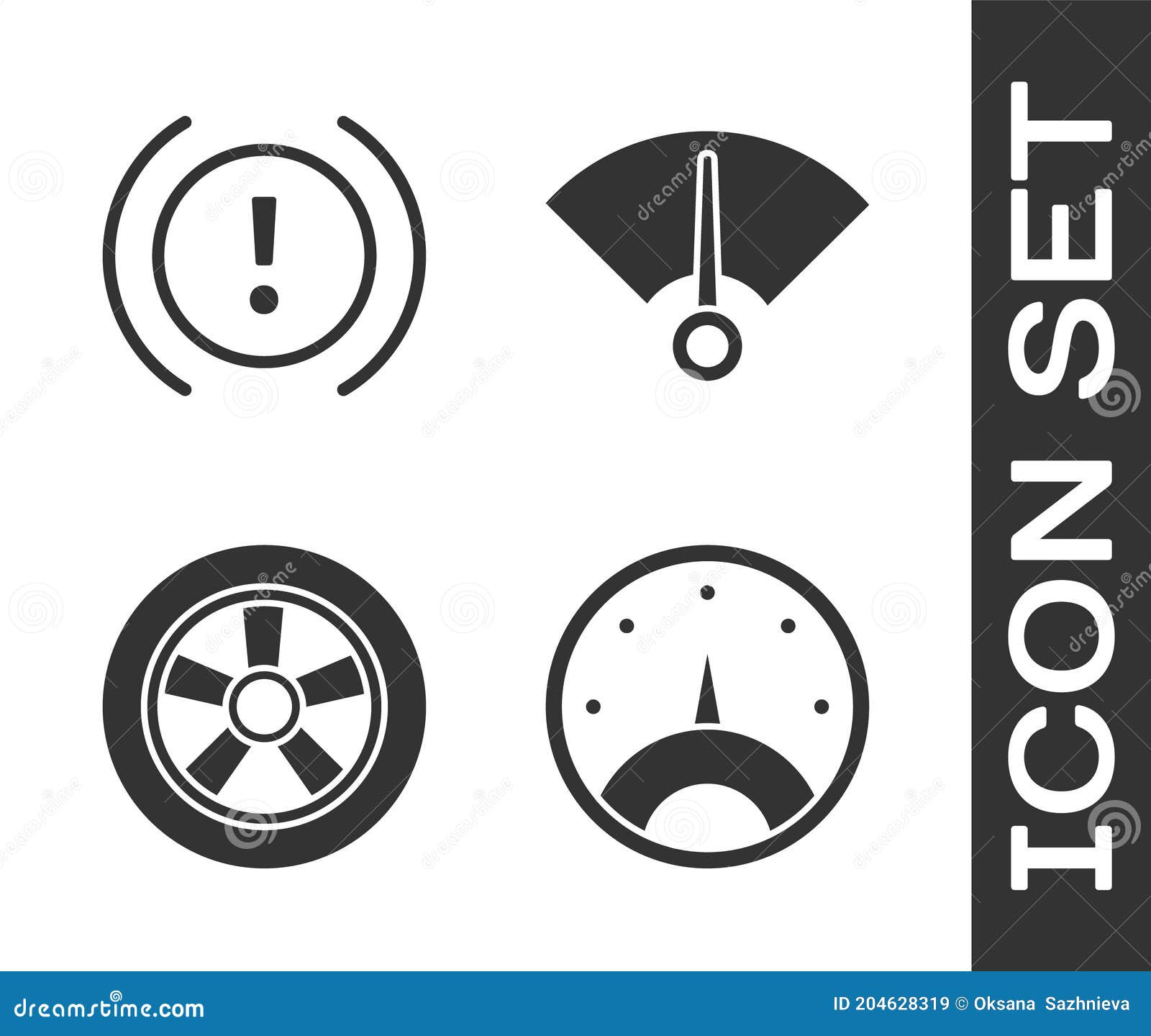 Set Speedometer, Brake System Warning, Car Wheel and Speedometer Icon ...