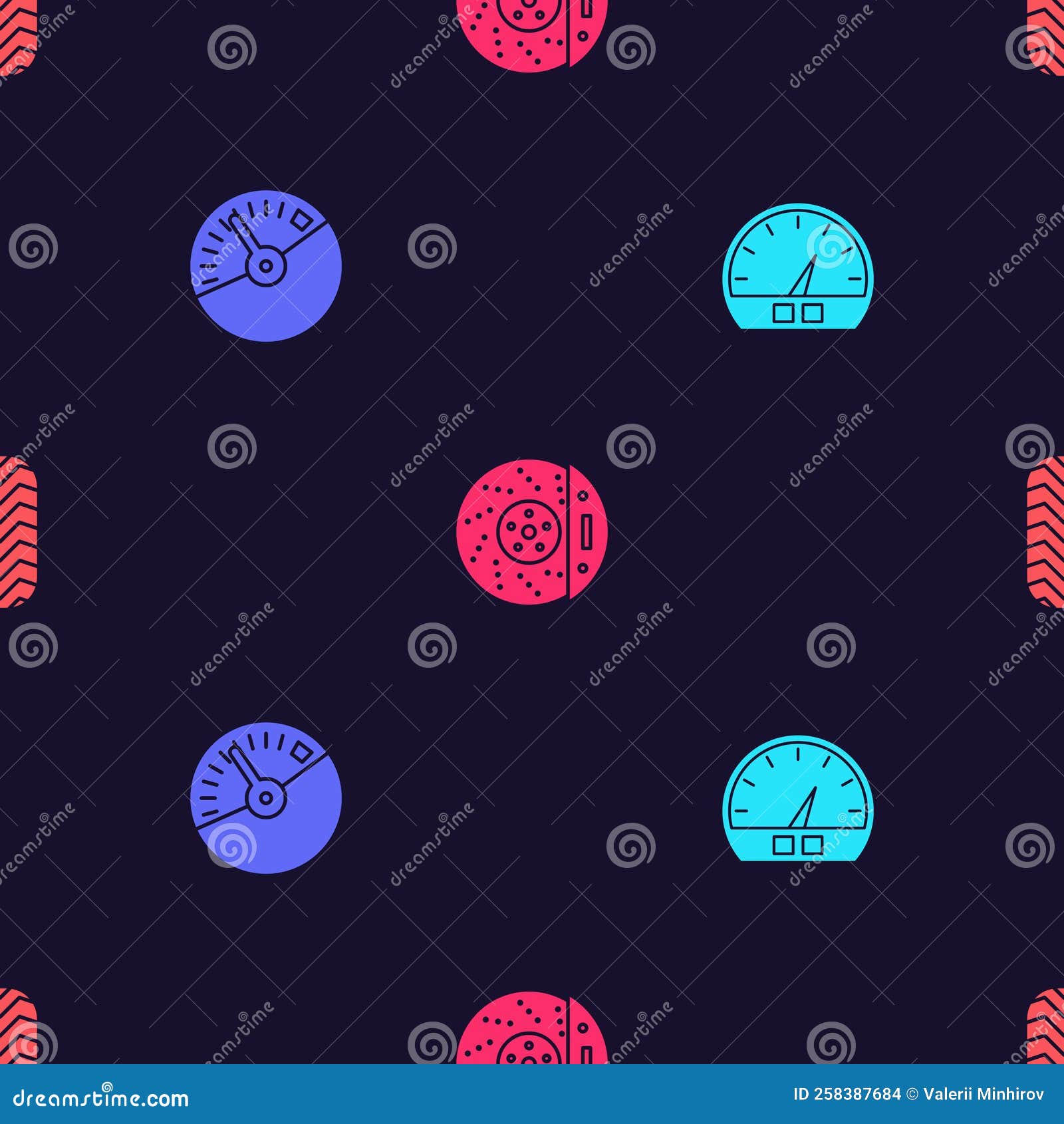 Set Speedometer, , Car Brake Disk with Caliper and Tire on Seamless ...