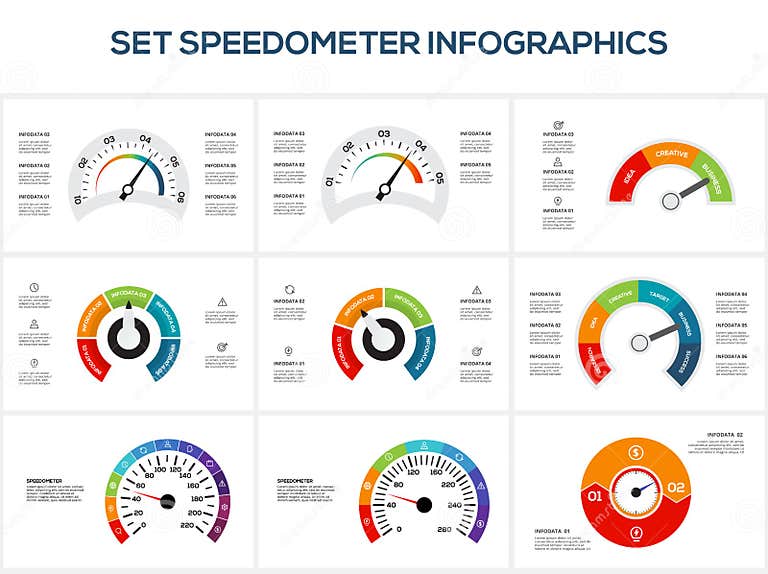 Set Speedometer with 2, 3, 4, 5, 6 Elements, Infographic Template for ...